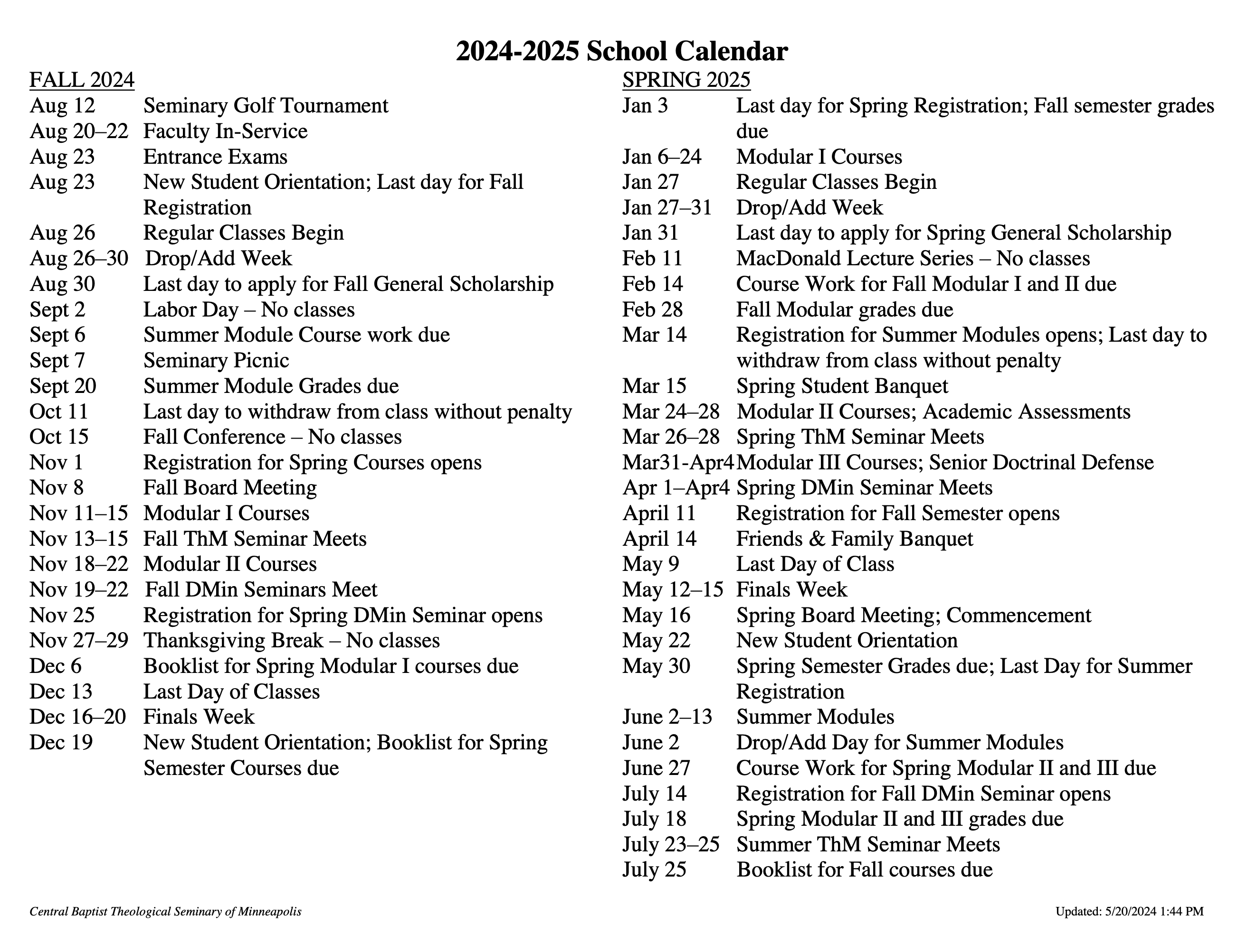 Calendar, Catalog, and Handbooks - Central Baptist Theological Seminary
